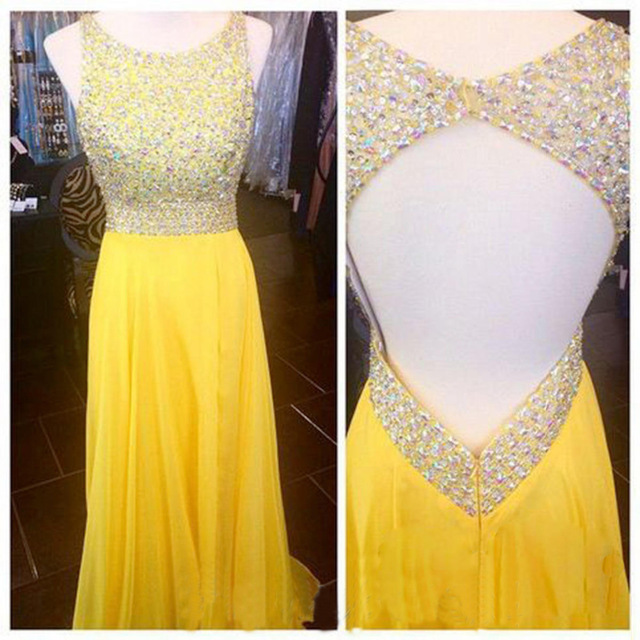 O Neck Open Back Crystal Yellow Evening Dresses A Line Long Chiffon ...