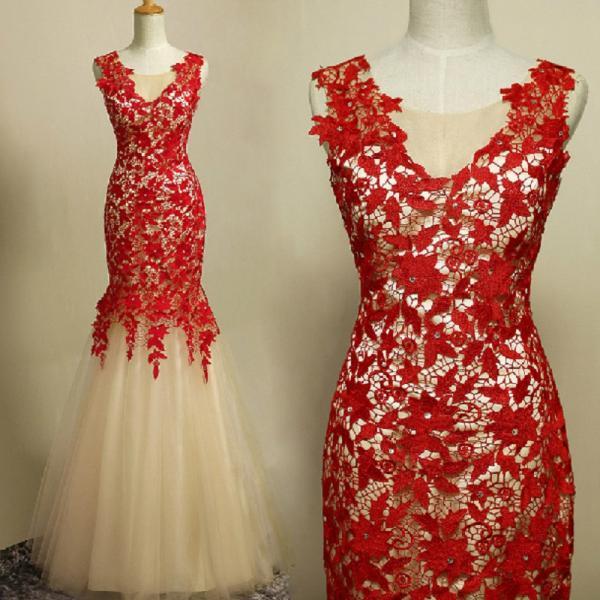Charming Red Lace Evening Dress,elegant Evening Dresses,formal Evening ...